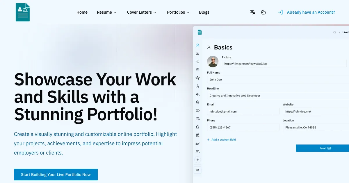 Free AI Portfolio Builder – Stunning & Pro Tools · MyLiveCV